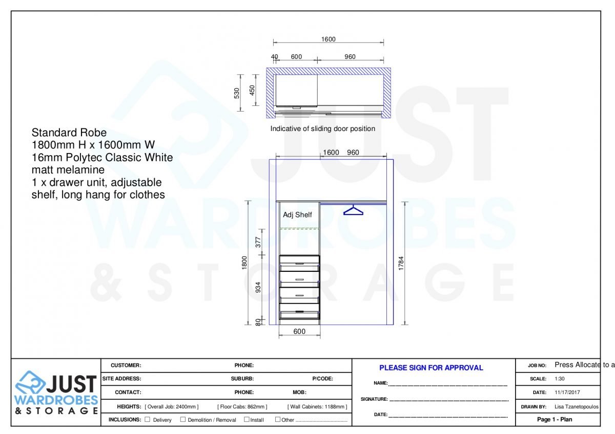 Standard Robe Configurations 1600mm w - Just Wardrobes & Storage