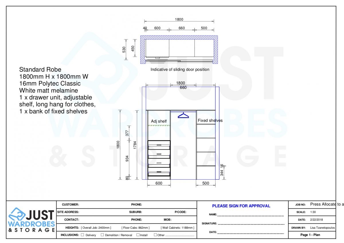 Standard Robe Configurations 1800mm w - Just Wardrobes & Storage
