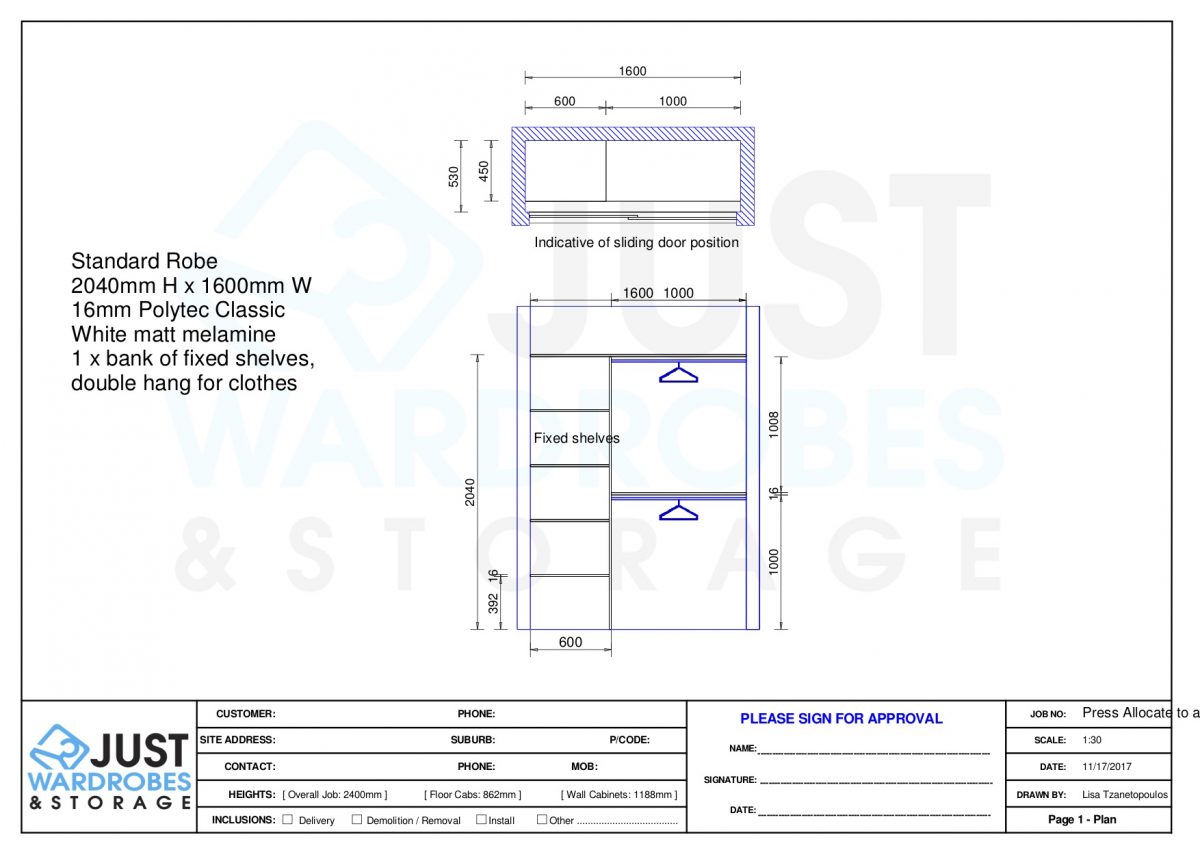 Standard Robe Configurations 1600mm w - Just Wardrobes & Storage