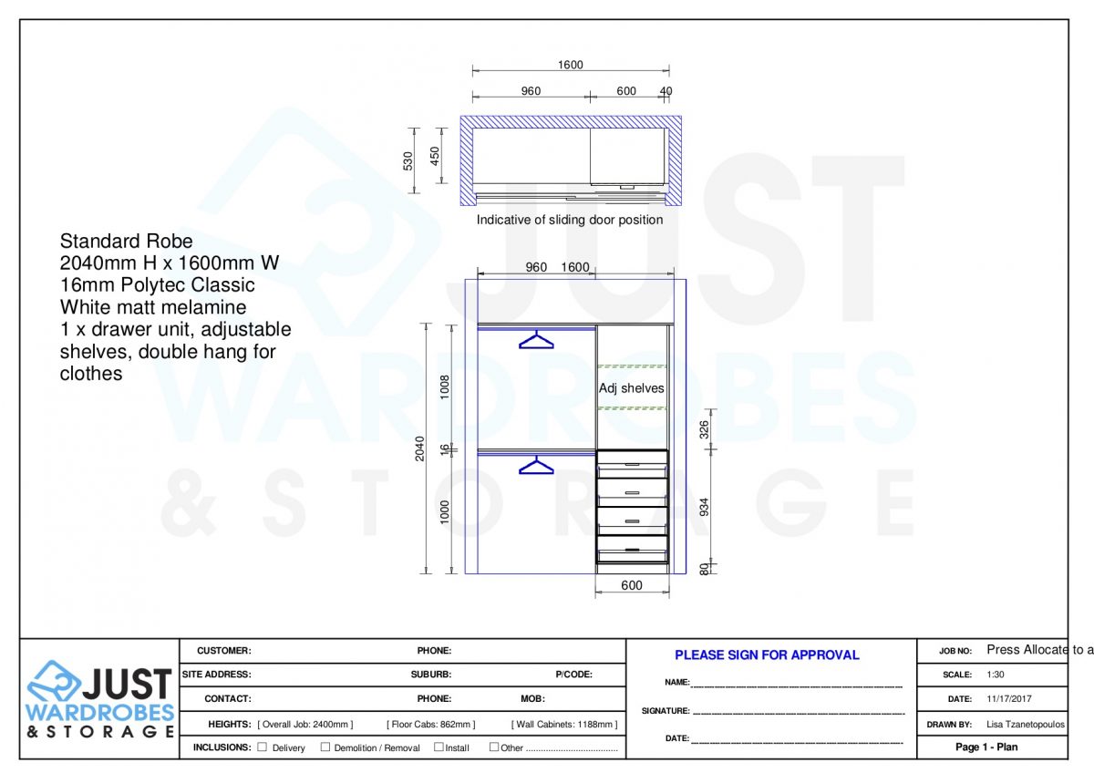 Standard Robe Configurations 1600mm w - Just Wardrobes & Storage