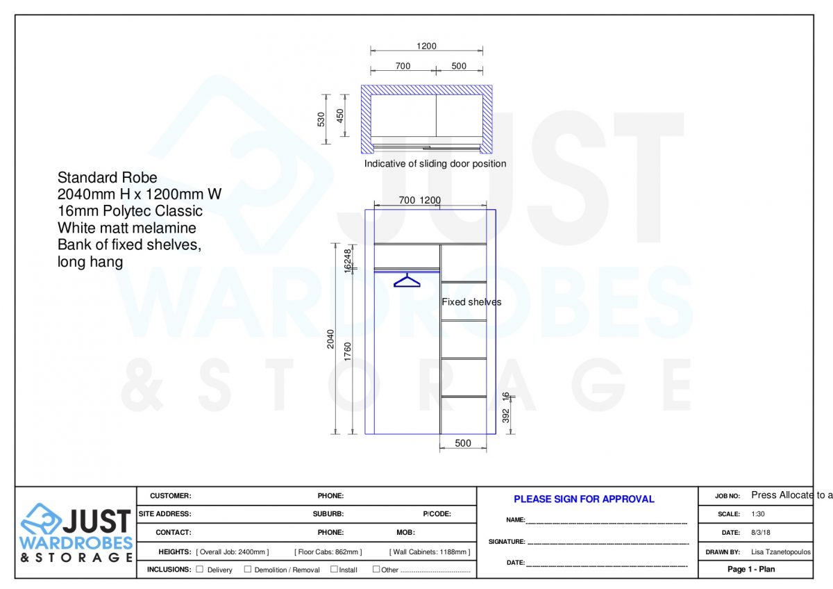 Standard Robe Configurations 1200mm w - Just Wardrobes & Storage