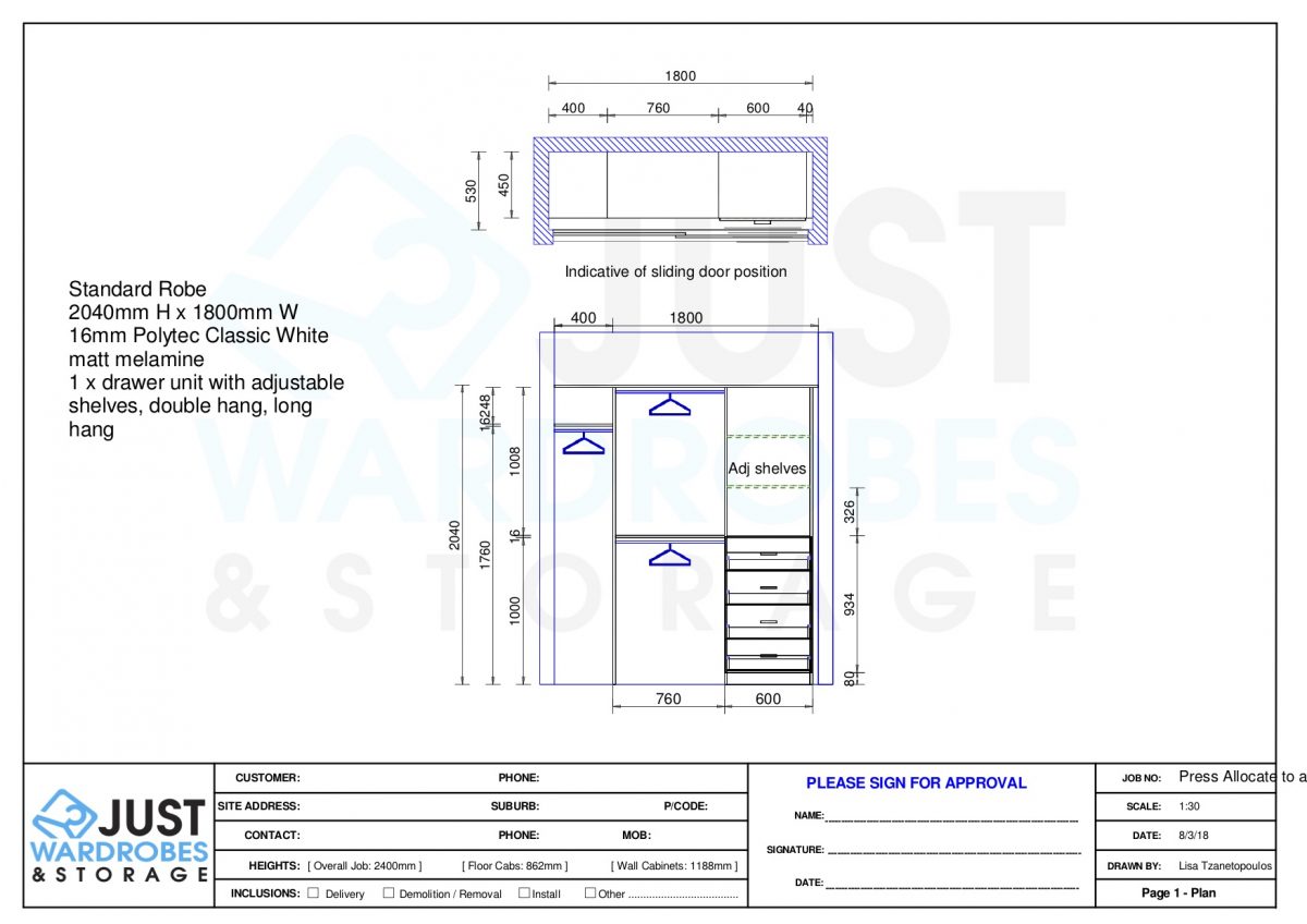 Standard Robe Configurations 1800mm w - Just Wardrobes & Storage