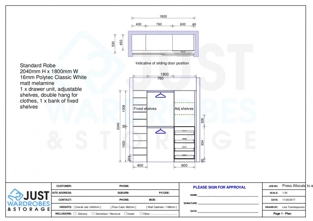 Standard Robe Configurations 1800mm w - Just Wardrobes & Storage