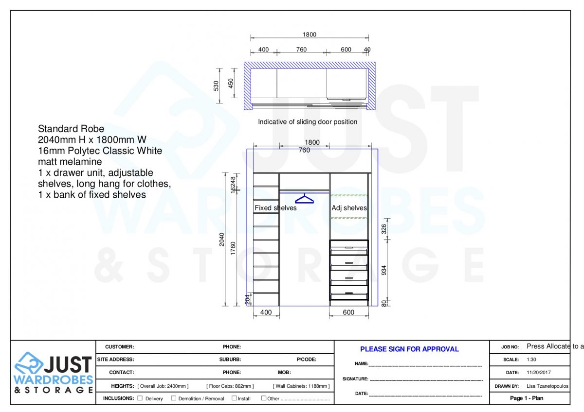 Standard Robe Configurations 1800mm w - Just Wardrobes & Storage