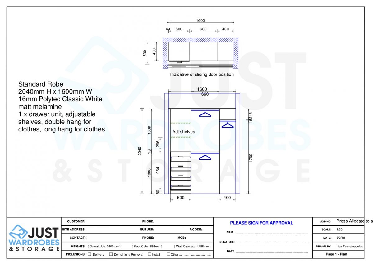 Standard Robe Configurations 1600mm w - Just Wardrobes & Storage