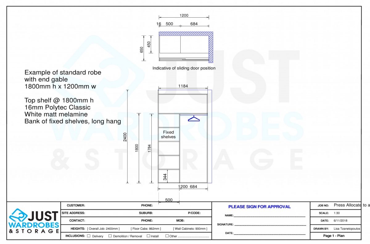 Standard Robe Configurations with End Gable 1200mm w - Just Wardrobes ...