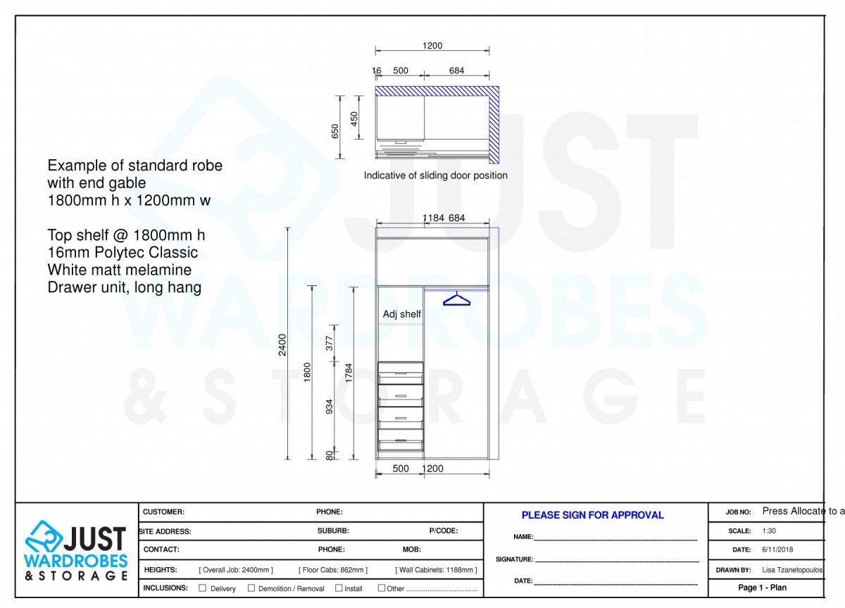 Standard Robe Configurations with End Gable 1200mm w - Just Wardrobes ...