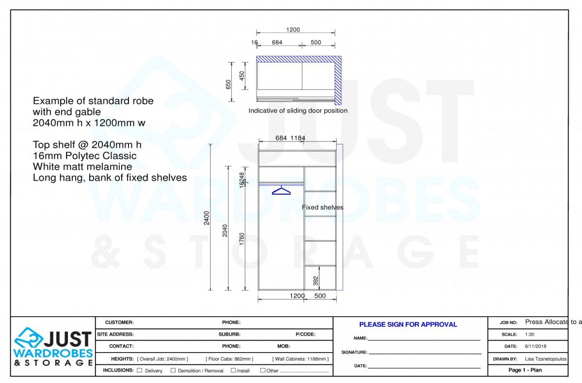 Standard Robe Configurations with End Gable 1200mm w - Just Wardrobes ...