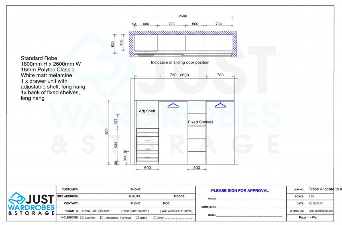 Standard Robe Configurations 2600mm w - Just Wardrobes & Storage