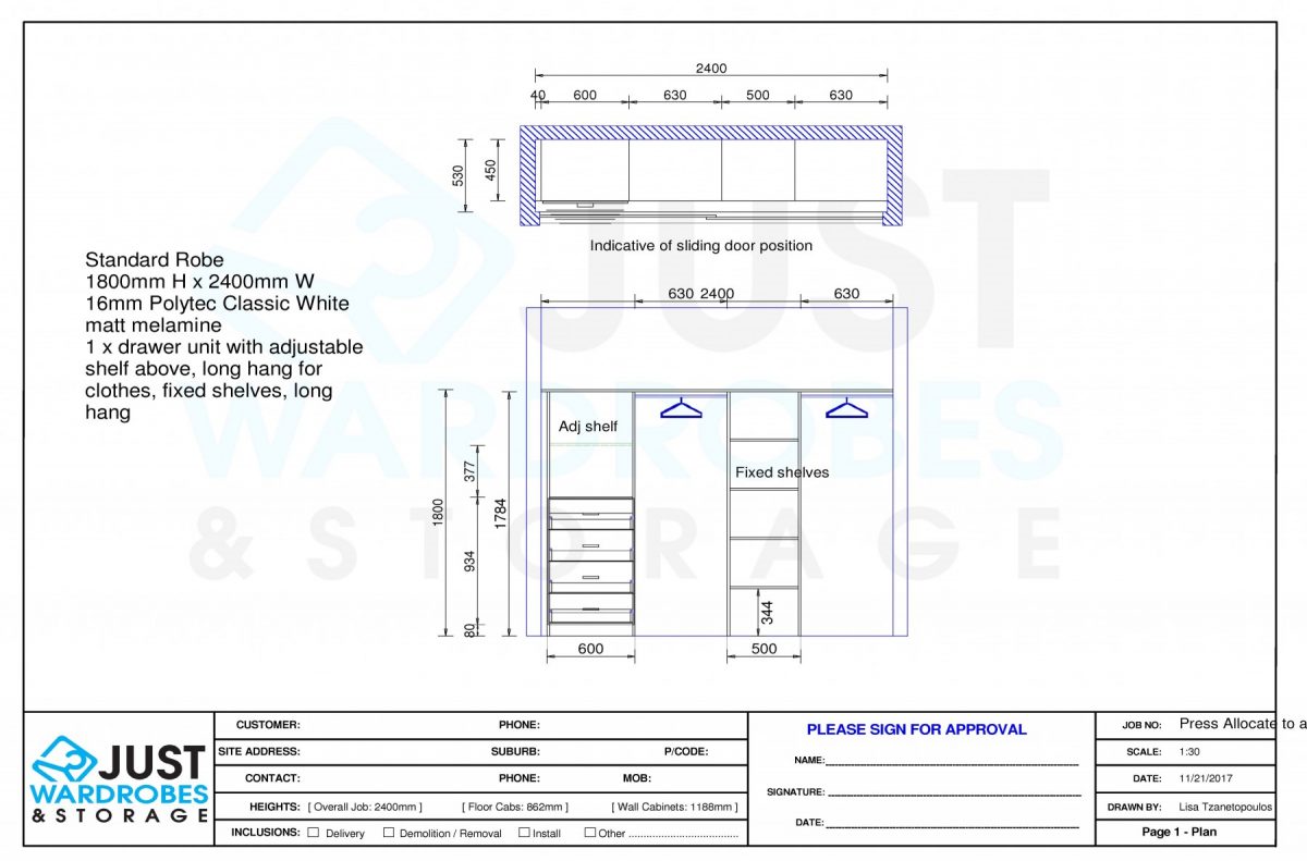 Standard Robe Configurations 2400mm w - Just Wardrobes & Storage