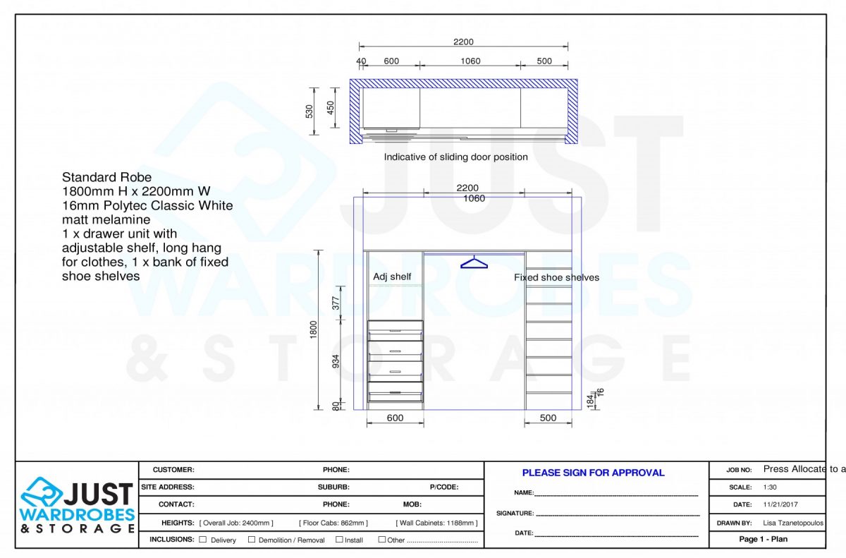 Standard Robe Configurations 2200mm w - Just Wardrobes & Storage