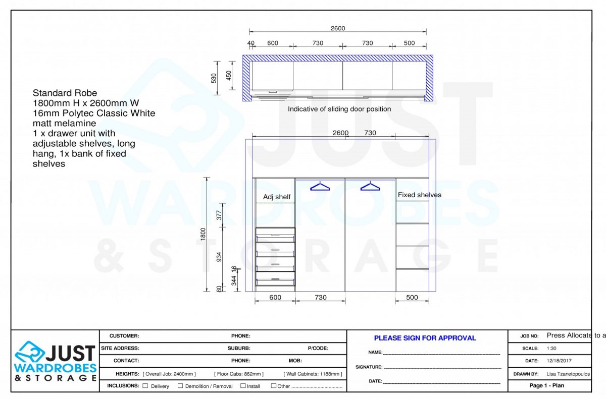 Standard Robe Configurations 2600mm w - Just Wardrobes & Storage