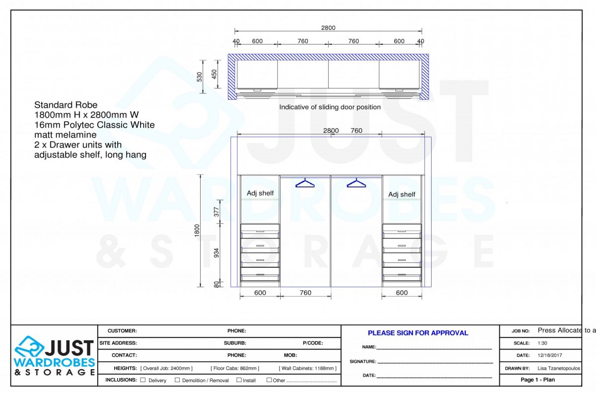Standard Robe Configurations 2800mm w - Just Wardrobes & Storage