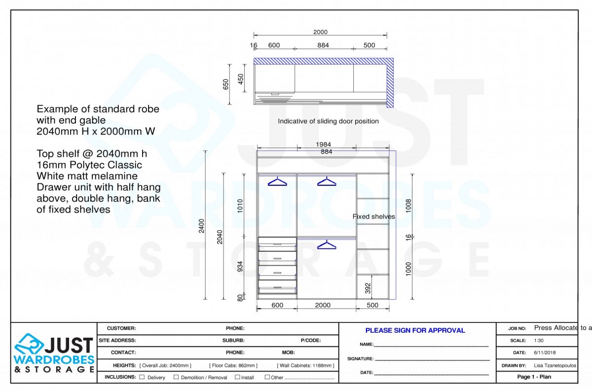 Standard Robe Configurations with End Gable 2000mm w - Just Wardrobes ...