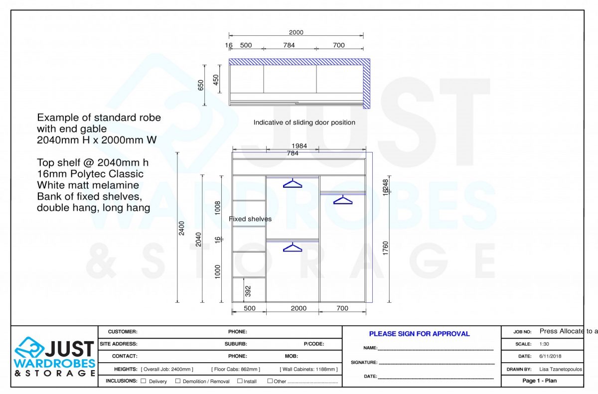 Standard Robe Configurations with End Gable 2000mm w - Just Wardrobes ...
