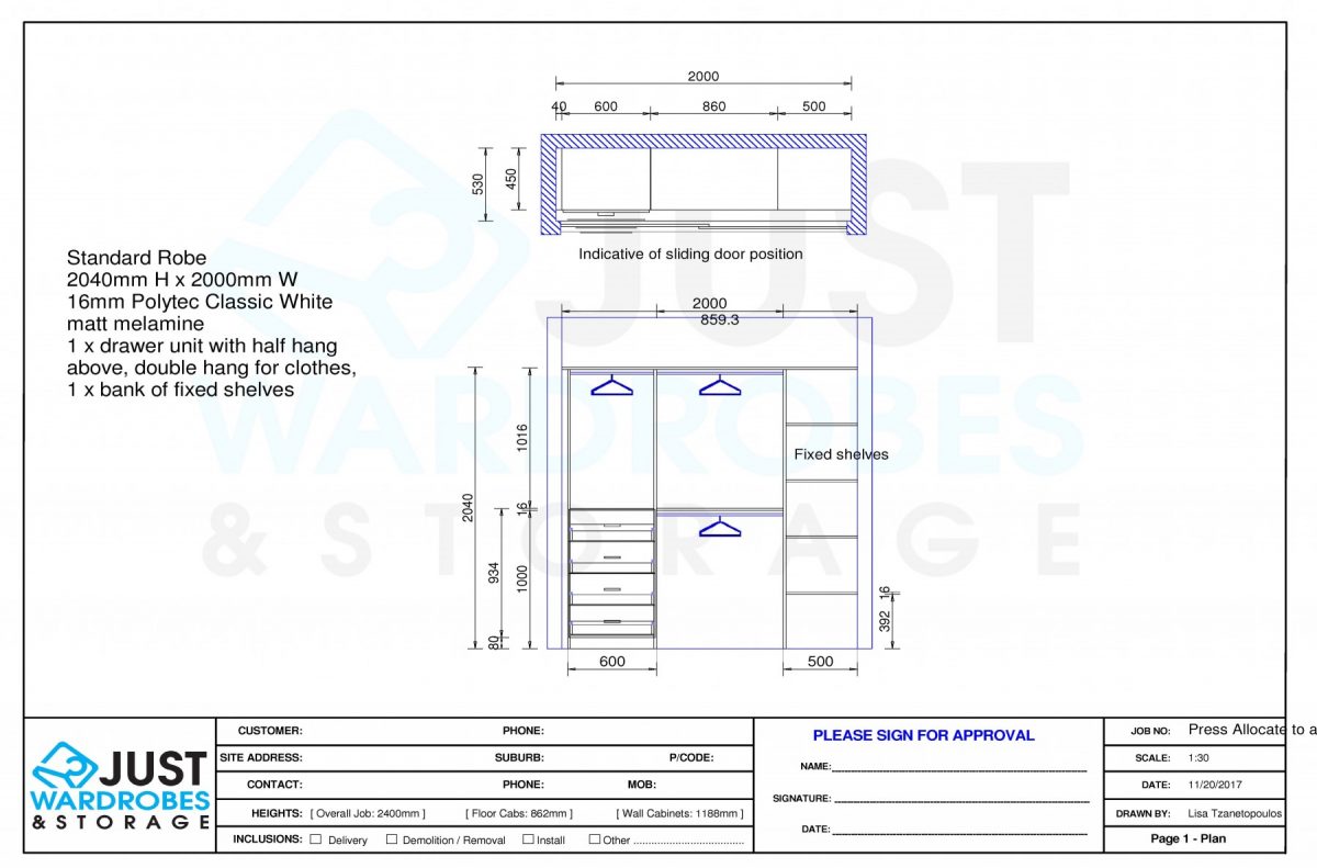 Standard Robe Configurations 2000mm w - Just Wardrobes & Storage