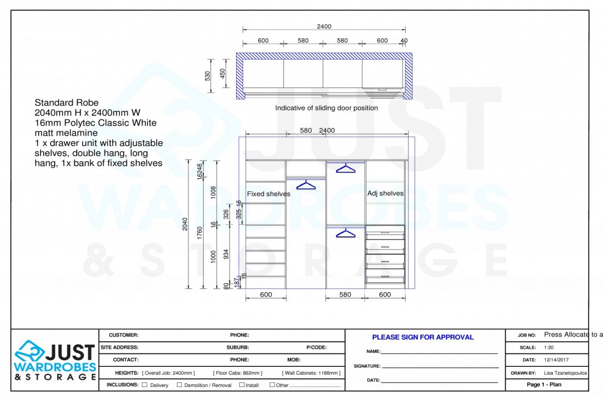 Standard Robe Configurations 2400mm w - Just Wardrobes & Storage