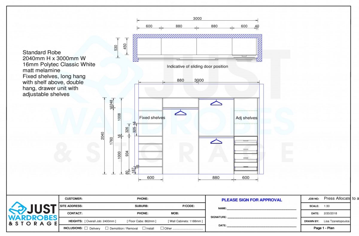 Standard Robe Configurations 3000mm w - Just Wardrobes & Storage
