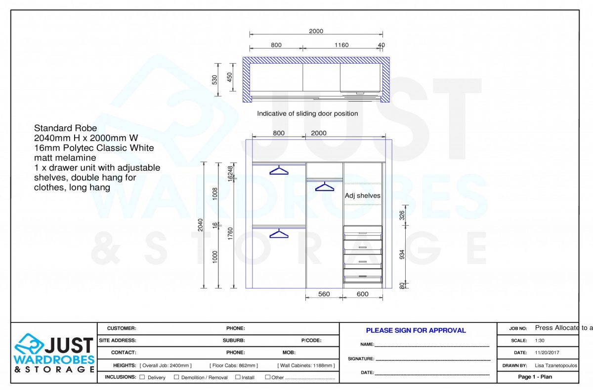 Standard Robe Configurations 2000mm w - Just Wardrobes & Storage