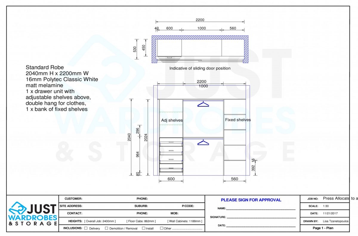 Standard Robe Configurations 2200mm w - Just Wardrobes & Storage