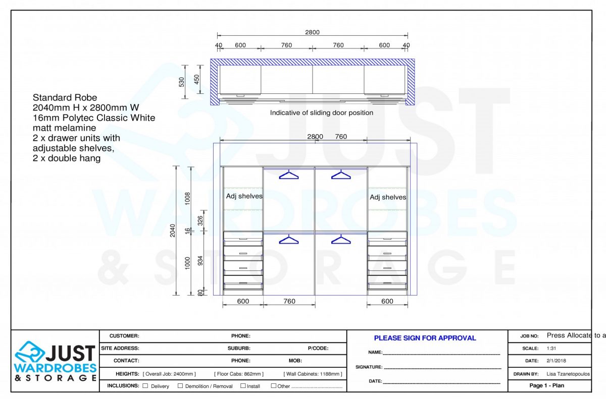 Standard Robe Configurations 2800mm w - Just Wardrobes & Storage