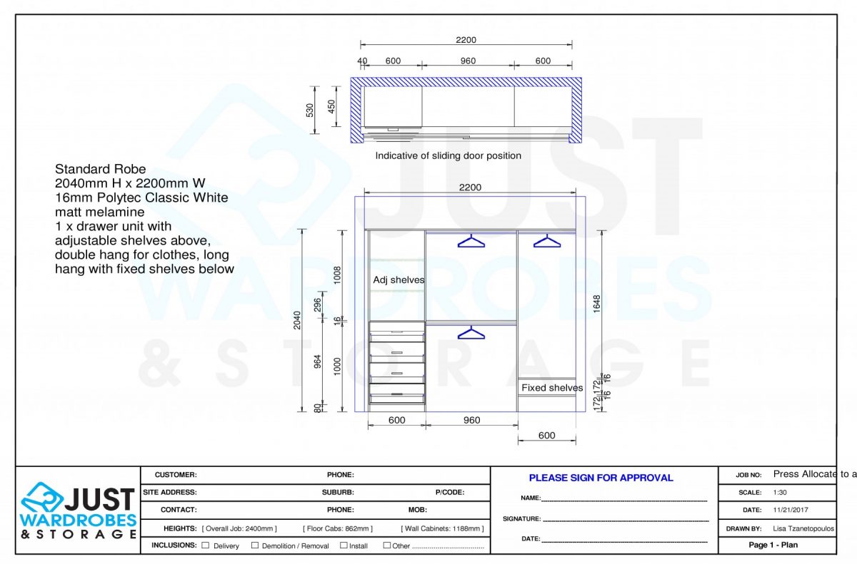 Standard Robe Configurations 2200mm w - Just Wardrobes & Storage