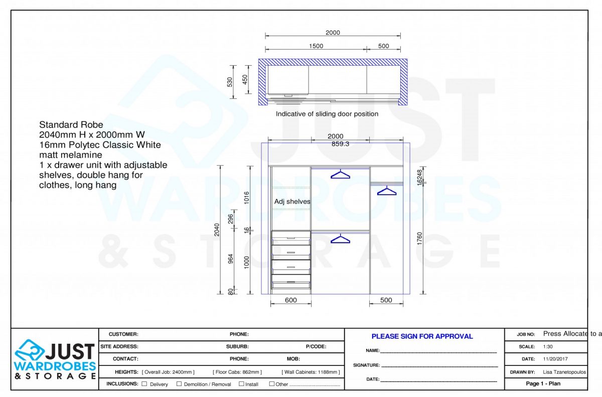 Standard Robe Configurations 2000mm w - Just Wardrobes & Storage