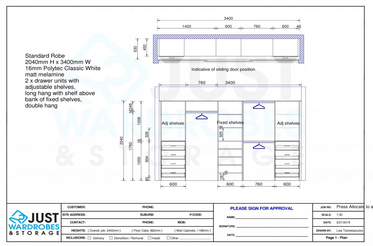 Standard Robe Configurations 3400mm w - Just Wardrobes & Storage