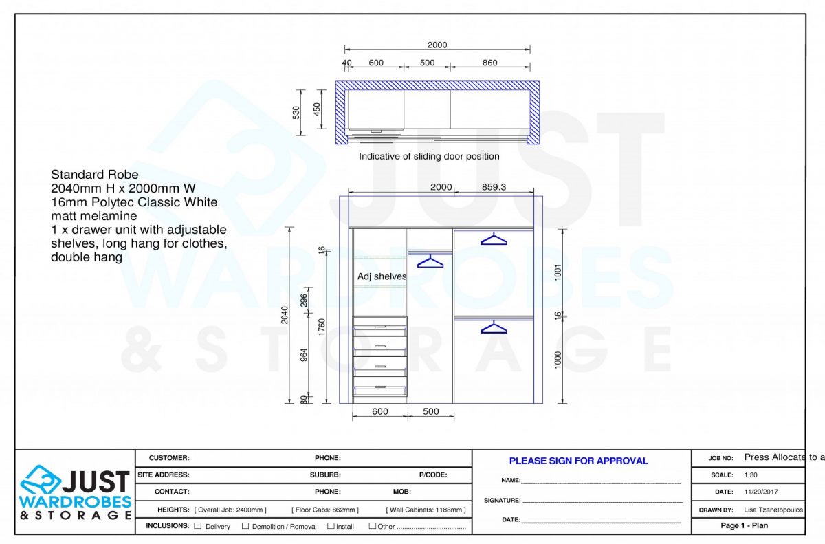 Standard Robe Configurations 2000mm w - Just Wardrobes & Storage