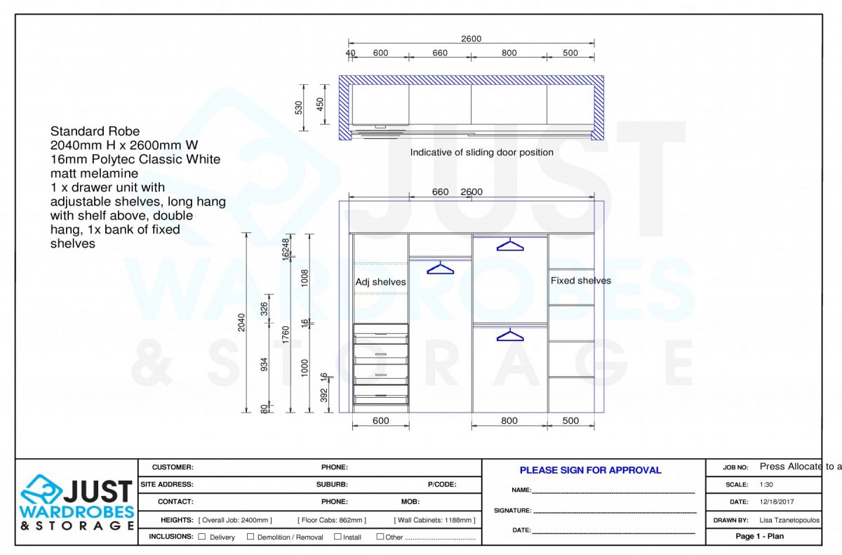 Standard Robe Configurations 2600mm w - Just Wardrobes & Storage