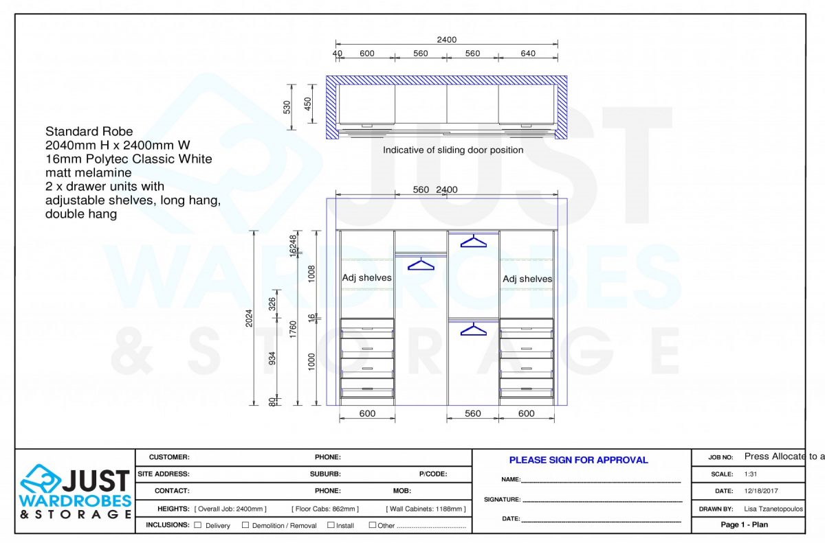 Standard Robe Configurations 2400mm w - Just Wardrobes & Storage