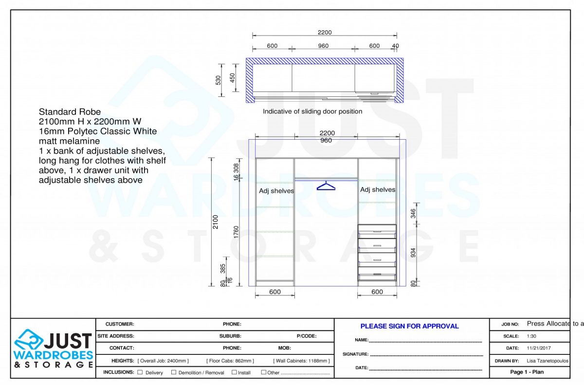 Standard Robe Configurations 2200mm w - Just Wardrobes & Storage