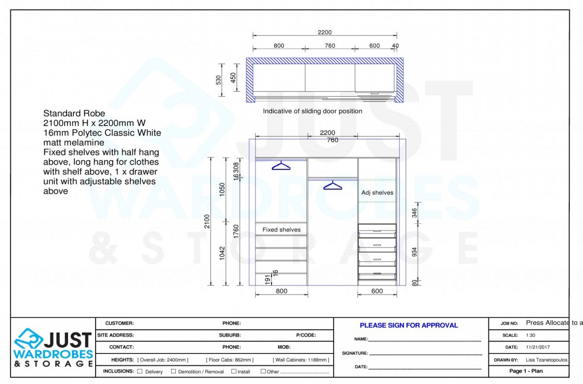 Standard Robe Configurations 2200mm w - Just Wardrobes & Storage