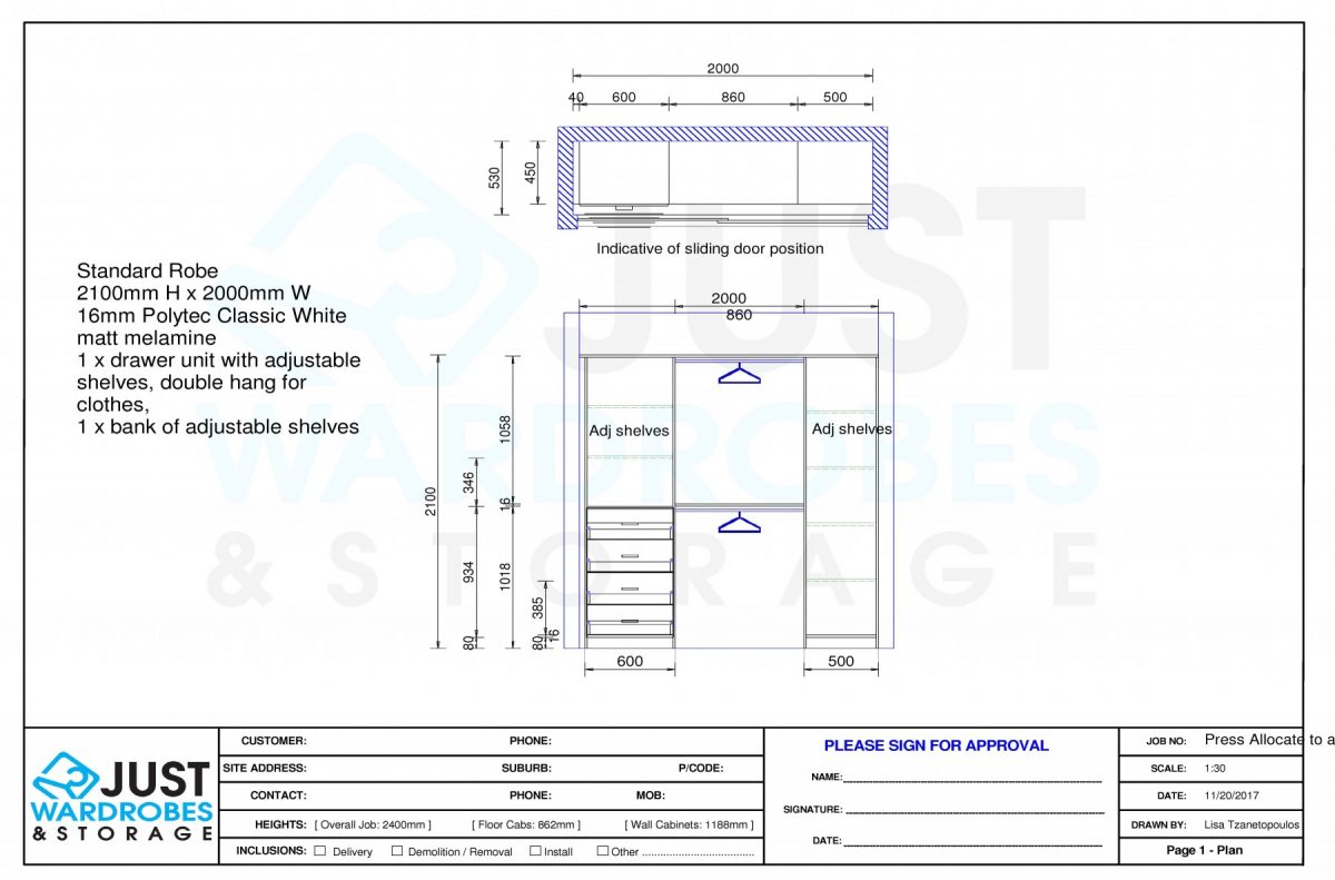 Standard Robe Configurations 2000mm w - Just Wardrobes & Storage