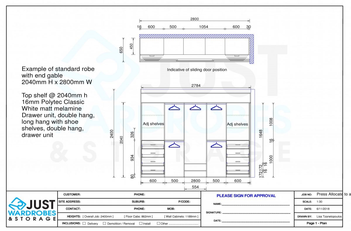 Standard Robe Configurations with End Gable 2800mm w - Just Wardrobes ...