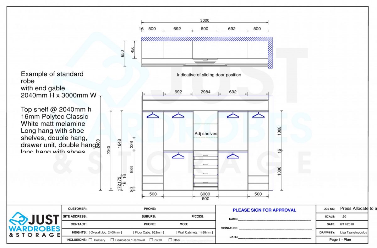 Standard Robe Configurations with End Gable 3000mm w - Just Wardrobes ...