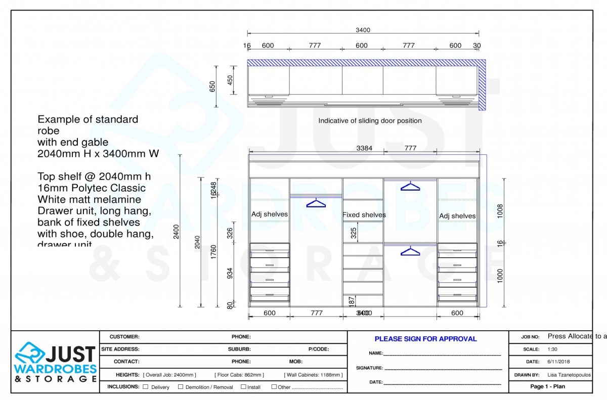 Standard Robe Configurations with End Gable 3400mm w - Just Wardrobes ...